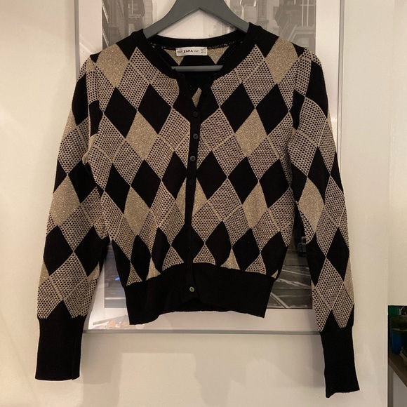 Zara | Sweaters | Zara Knit Black And Gold Diamonds Cardigan Wm | Poshmark